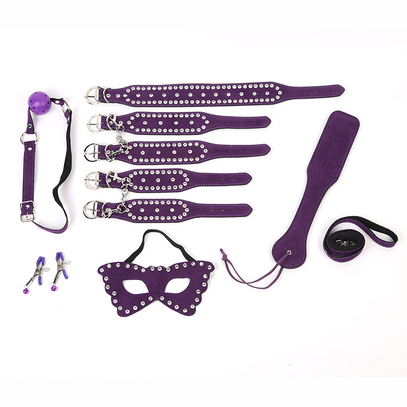 Purple Bright Diamond 8pcs Leather Bdsm Kits Restraint Bondage Set Sm